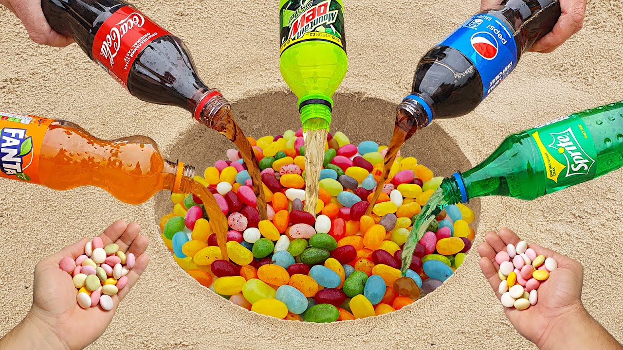 Experiment: Mtn Dew, Coca Cola, Pepsi, Sprite, Fanta vs Jelly Beans vs ...