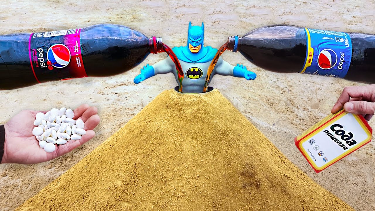 Experiment: Stretch Armstrong Batman vs Pepsi vs Mentos in Volcano ...