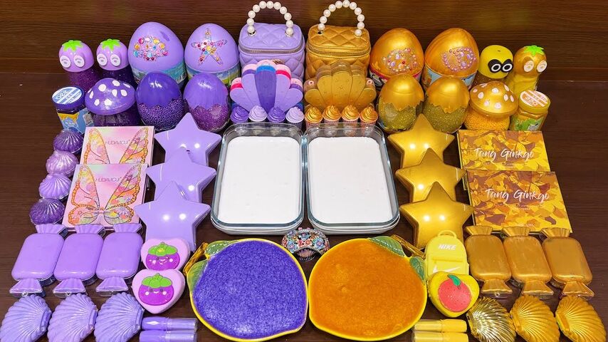 PURPLE vs GOLD! Mixing Makeup, Glitter and More into Glossy Slime ...