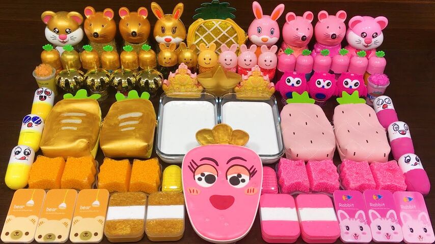 GOLD vs PINK! Mixing Makeup, Glitter and More into Glossy Slime ...