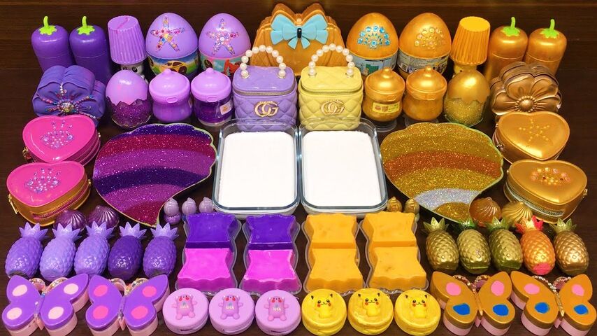 PURPLE vs GOLD! Mixing Makeup, Glitter and More into Glossy Slime ...