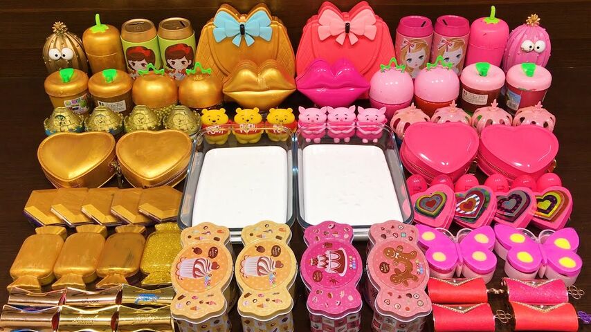 GOLD vs PINK! Mixing Makeup, Glitter and More into Glossy Slime ...