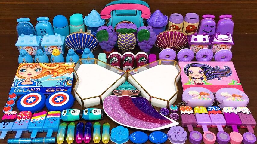 BLUE vs PURPLE ! Mixing Random into GLOSSY Slime ! Satisfying Slime ...