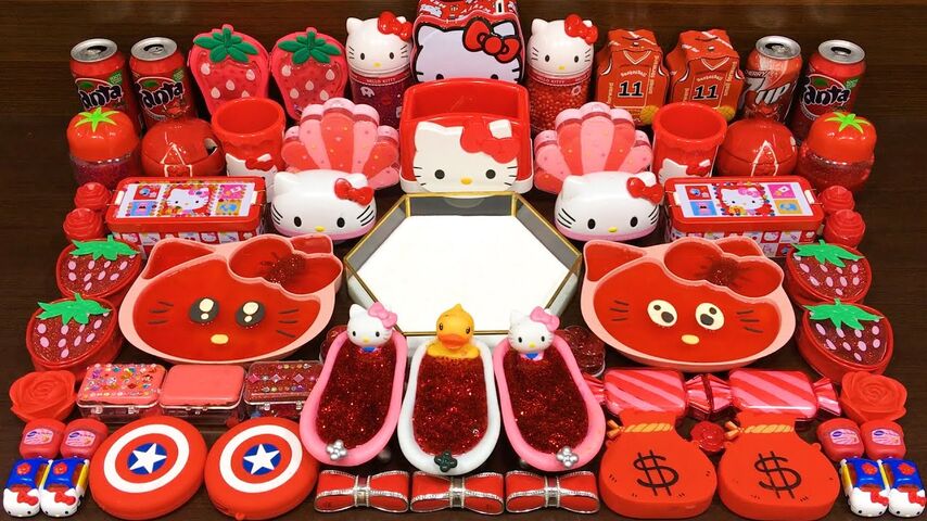 RED HELLO KITTY Slime | Mixing Random Things into GLOSSY Slime ...