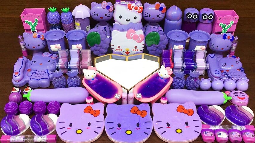 PURPLE HELLO KITTY Slime | Mixing Random Things into GLOSSY Slime ...