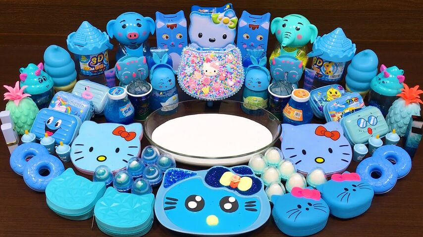 BLUE HELLO KITTY Slime | Mixing Random Things into GLOSSY Slime ...