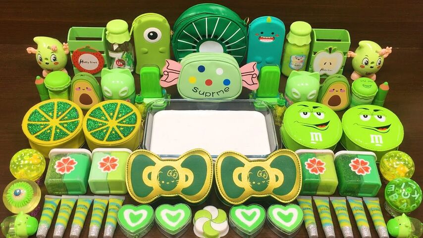 GREEN Slime | Mixing Random Things into GLOSSY Slime | Satisfying Slime ...