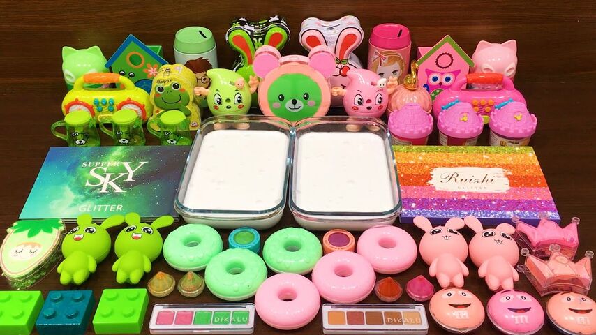 GREEN vs PINK Rabbit Slime ! Mixing Random Things into GLOSSY Slime ...