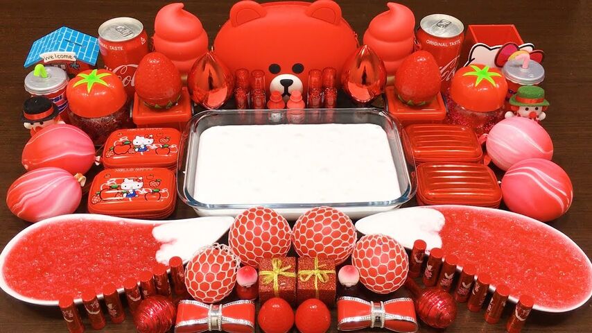 Series RED Slime ! Mixing Random Things into GLOSSY Slime! Satisfying ...