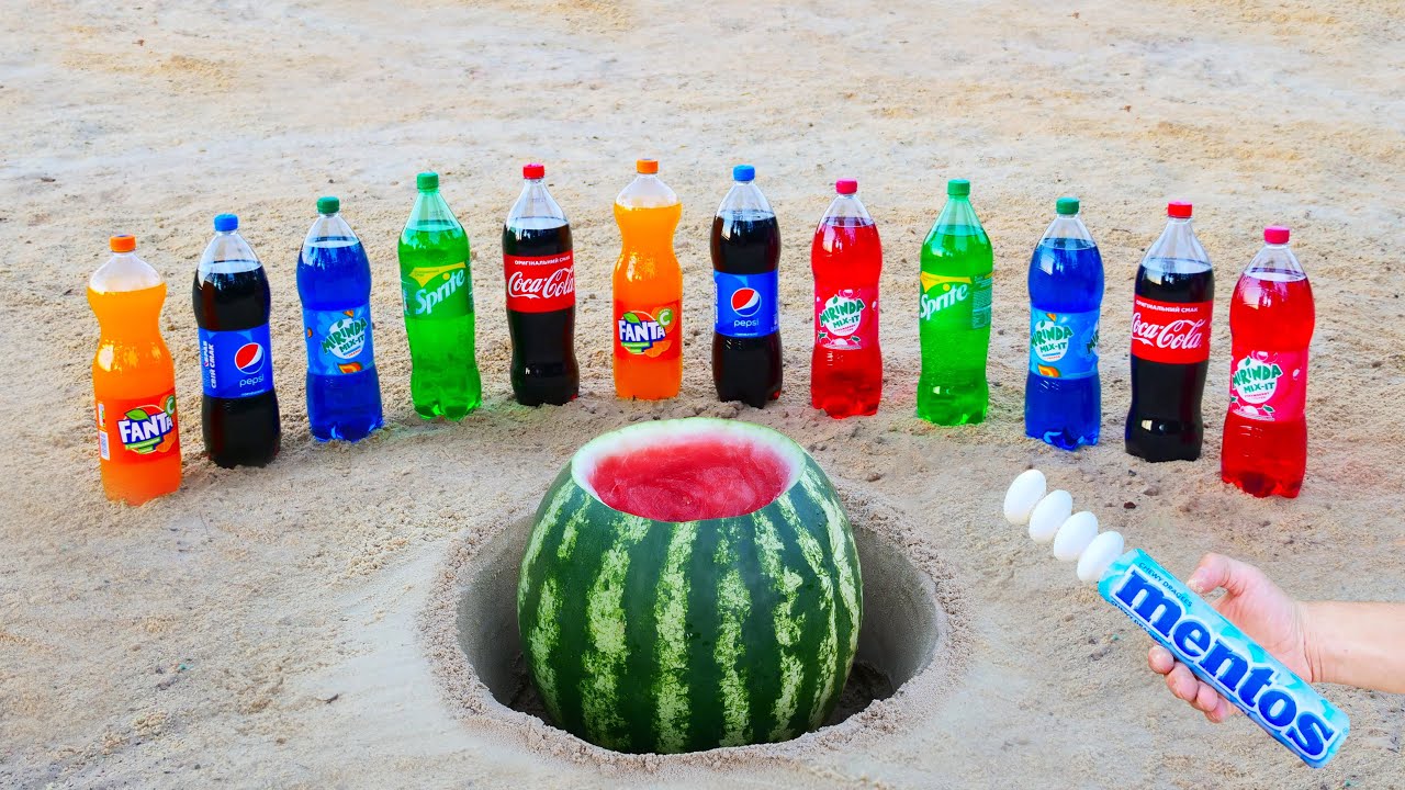Coca Cola, Fanta, Pepsi, Mirinda, Sprite vs Mentos inside Watermelon