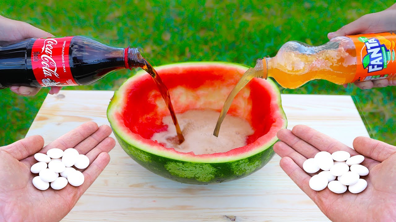Coca Cola and Fanta vs Mentos in a Watermelon!