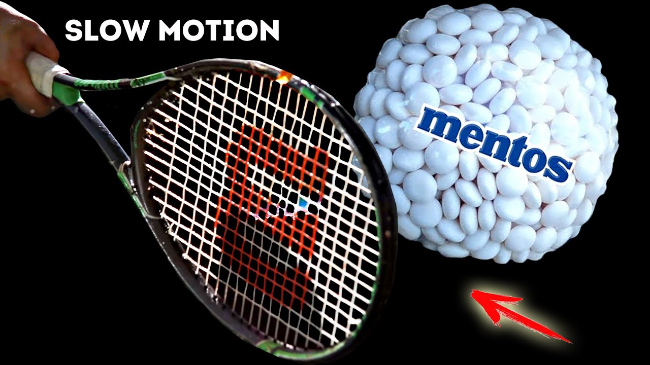 Experiment. Mentos Vs Tennis racquet ( Slow Mo )