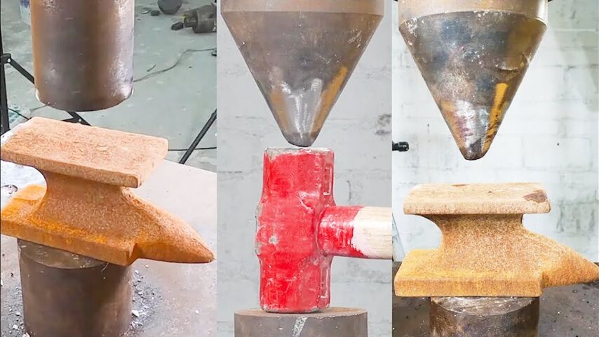 Hydraulic press challenges extreme steel sheep anvil and big steel hammer
