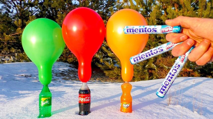 Experiment: Mentos with Balls and Cola, Sprite, Fanta